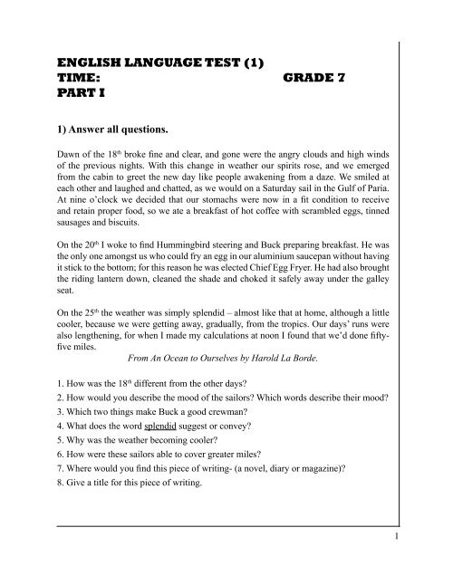 ENGLISH LANGUAGE TEST (1) TIME: GRADE 7 PART I