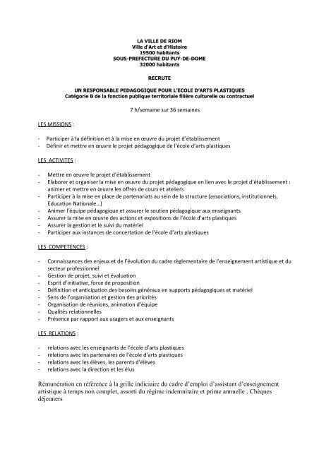 EAP Fiche de poste responsable pÃ©dagogique - Ville de Riom