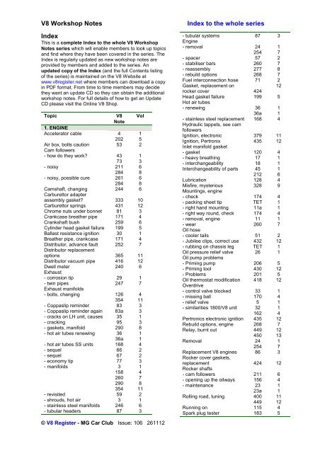 V8 Workshop Notes Index to the whole series - V8 Register