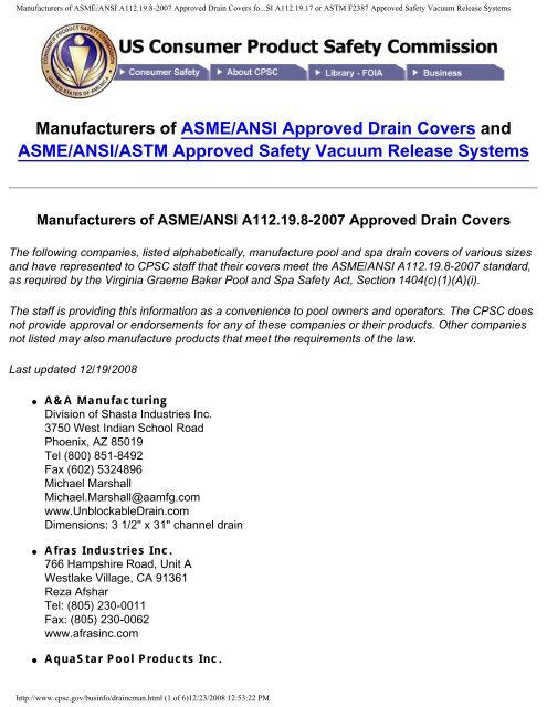 Manufacturers of ASME/ANSI A112.19.8-2007 Approved Drain ...