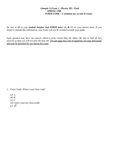 (Sample 3) Exam 1 - Physics 202 - Patel SPRING 1998 FORM ...