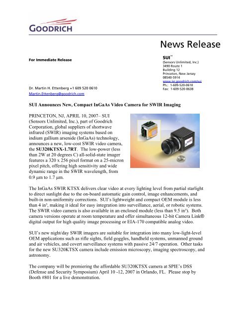SUI Announces New, Compact InGaAs Video Camera for SWIR ...