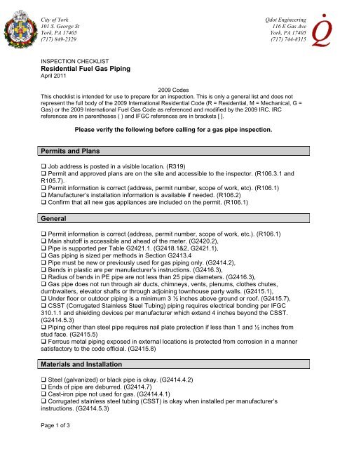 International Residential Code Fuel Gas Piping ... - City of York