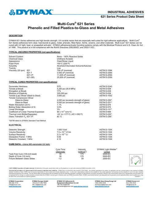 DYMAX 621 Series Industrial Adhesive Product Data Sheet