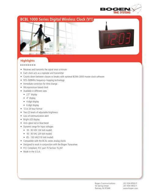 Bogen BCBL 1000 Series Digital Wireless Clock Spec Sheet