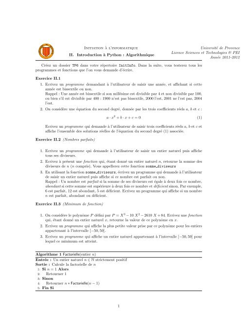 Initiation `a Linformatique Ii Introduction `a Python Algorithmique 8151