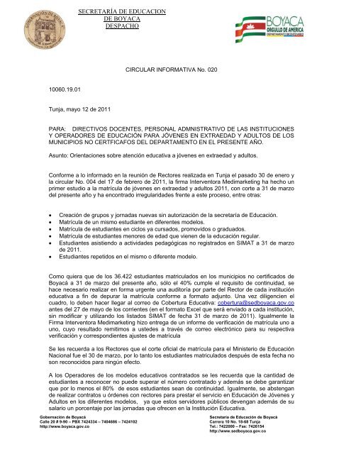Circular informativa No. 020 - Despacho - Secretaria de Educación ...