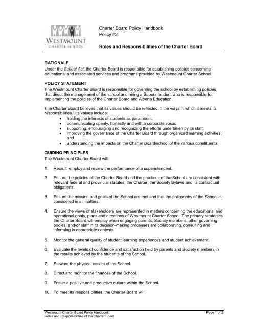 Charter Board Roles and Responsibilities - Westmount Charter School