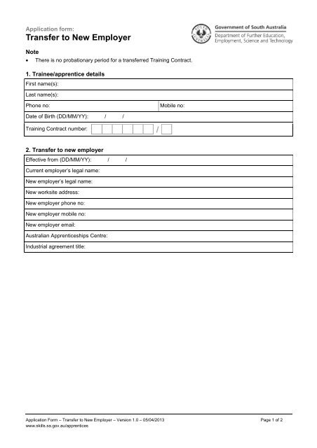 Transfer to new employer application form (PDF) - SA.Gov.au