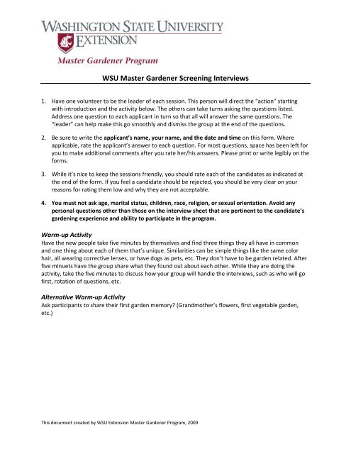Screening Interview Form - Master Gardener Program