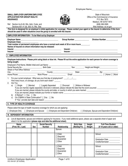 Small Employer Uniform Employee Application for Group Health ...