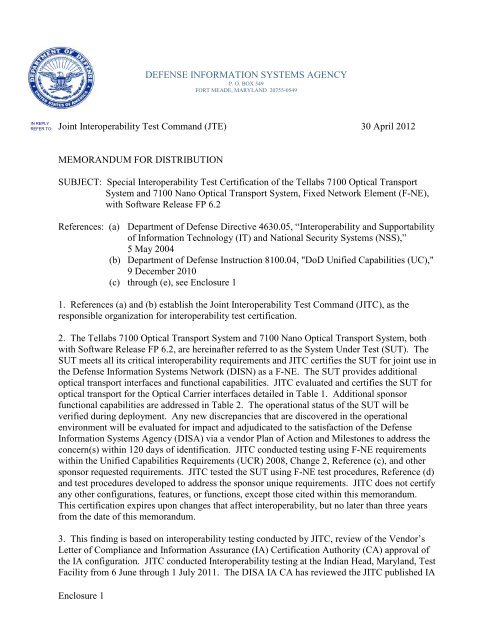 Enclosure 1 Joint Interoperability Test Command (JTE) 30 April ...