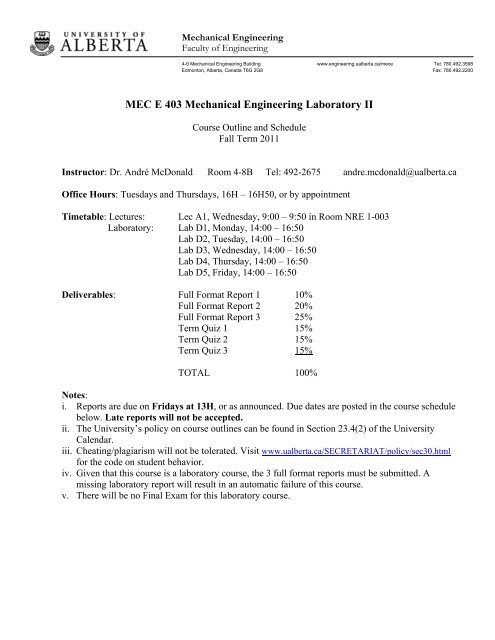MEC E 403 Mechanical Engineering Laboratory II