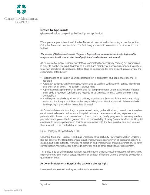 Print Application Form - Columbia Memorial Hospital