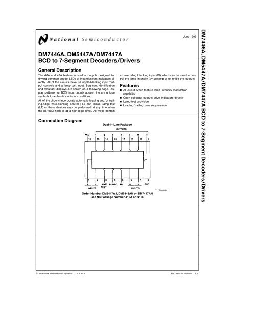 DM7446A, DM5447A/DM7447A BCD to 7-Segment Decoders/Drivers DM7446A, DM5447A/DM7447A BCD to 7-Segment Decoders/Drivers