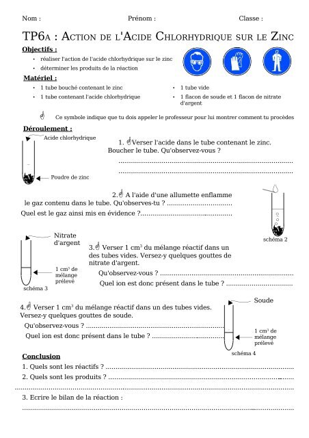 TP6A : ACTION DE L 'ACIDE CHLORHYDRIQUE SUR LE ZINC - Free