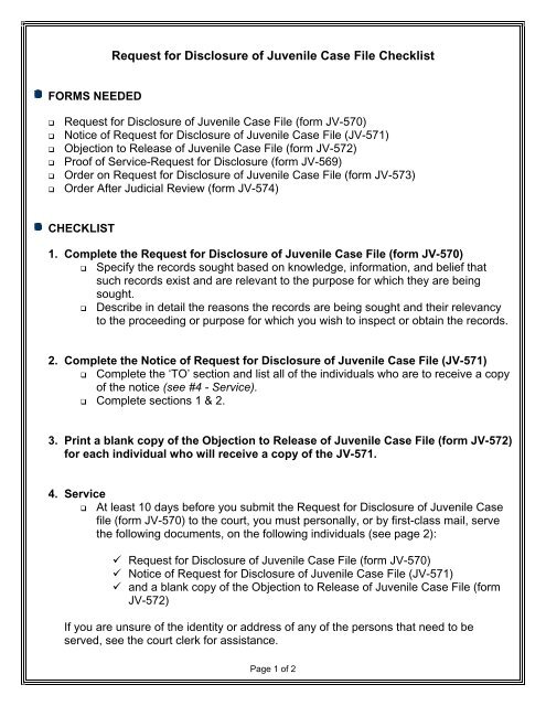 Request for Disclosure of Juvenile Case File Checklist