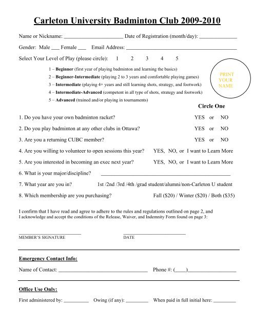 Carleton University Badminton Club Registration Form:
