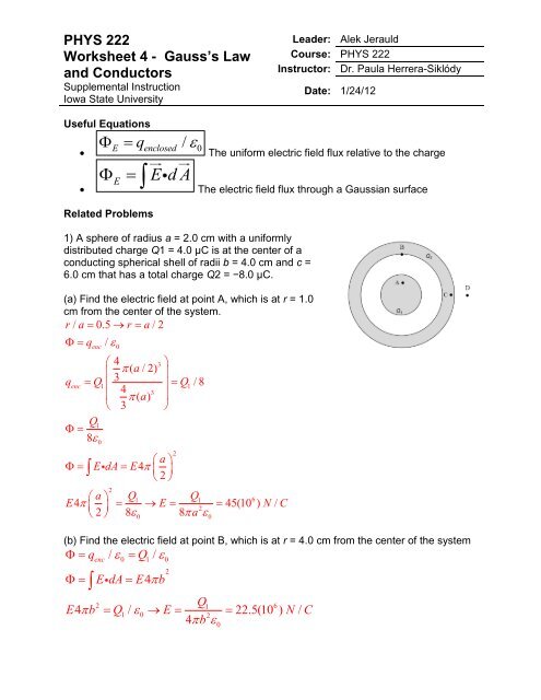 PHYS 222 Worksheet 4 Gauss's law and Conductors Answers