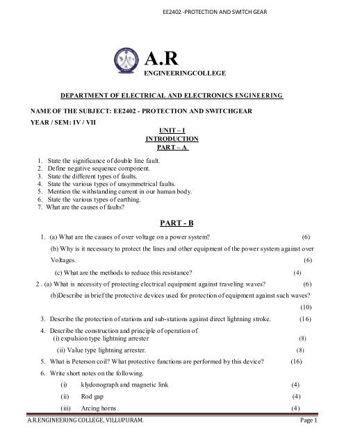 power system protection and switch gear - AR Engineering College