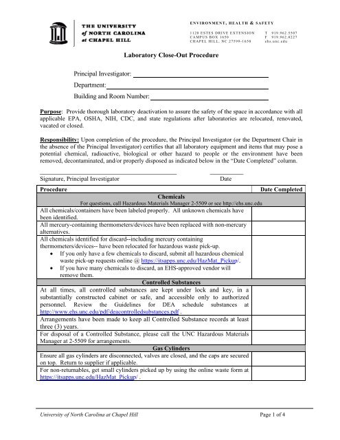 Lab Closeout Procedure Checklist - Department of Environment ...