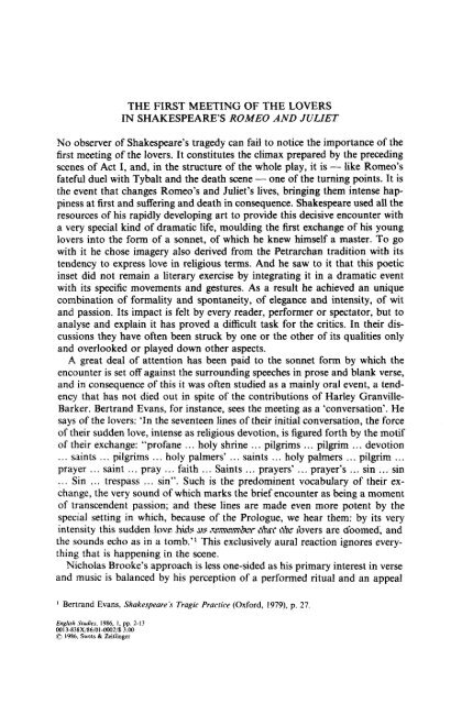 the first meeting of the lovers in shakespeare's romeo and juliet.