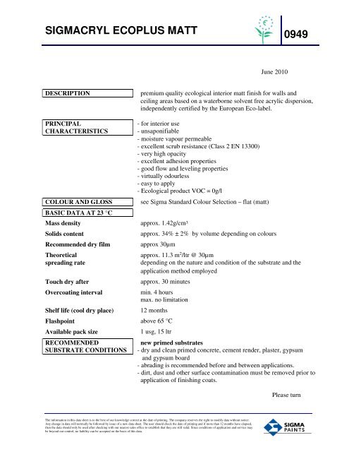 0949 Sigmacryl Ecoplus Matt Data Sheet - SIGMA PAINTS