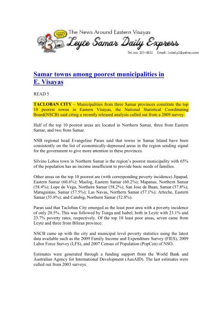 Samar towns among poorest municipalities in E. Visayas - NSCB