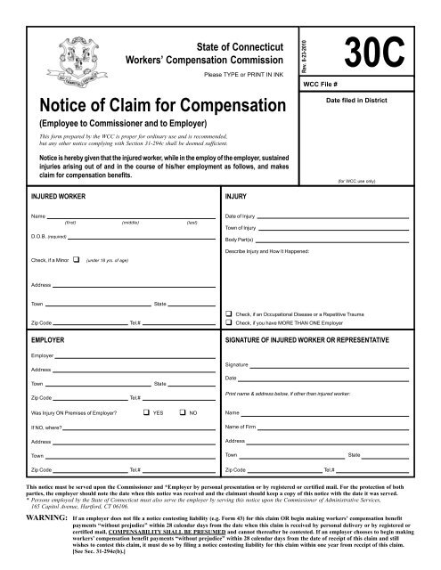 FORM: 30C Notice of Claim for Compensation - State of Connecticut ...