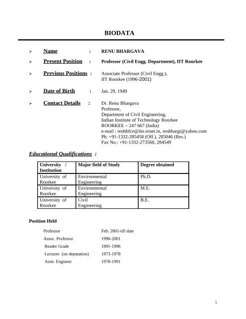 Renu Bhargava - Indian Institute of Technology Roorkee