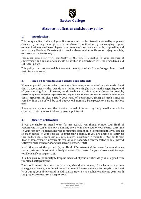 Absence notification and sick pay policy - Exeter College