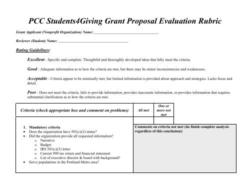 PCC Students4Giving Grant Proposal Evaluation Rubric