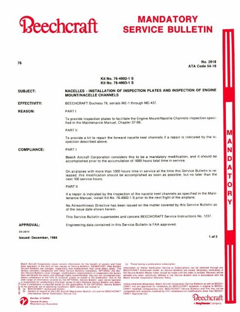 MANDATORY SERVICE BULLETIN - Beech Aero Club