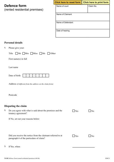 N11R - Defence form (rented residential premises) - MoneyClaimsUK