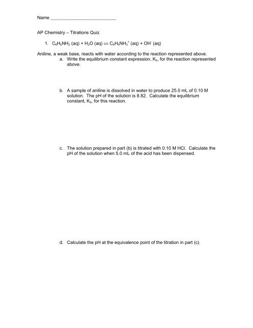 AP Chemistry â Titrations Quiz