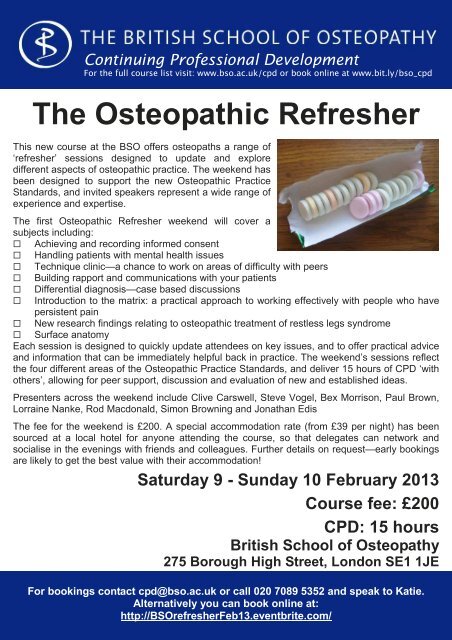 Refresher poster - 9-10 Feb 2013 - British School of Osteopathy