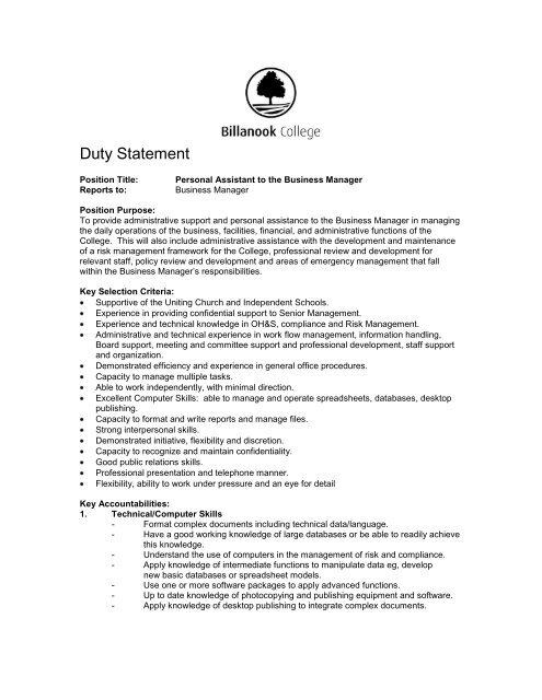 Duty Statement - Billanook College