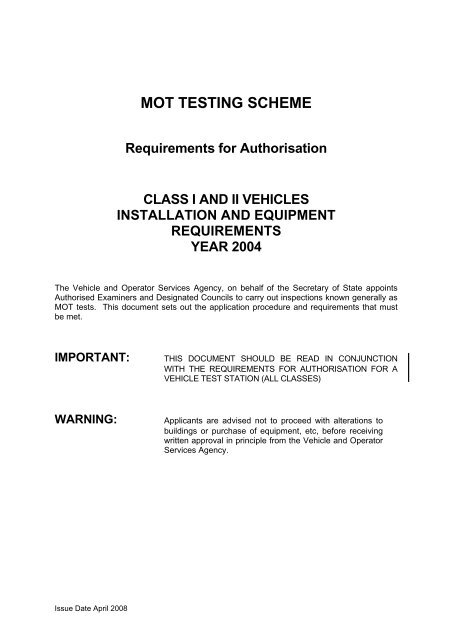 MOT Testing Scheme Class I and II Vehicles