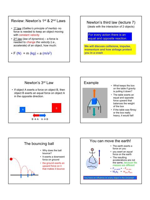 Review: Newton's 1st & 2nd Laws Newton's third law (lecture 7 ...
