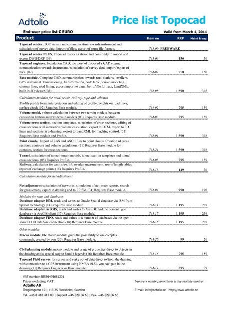 Price list Topocad - Adtollo