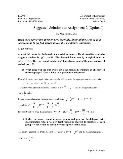 Suggested Solutions to Assignment 2 - Wilfrid Laurier University