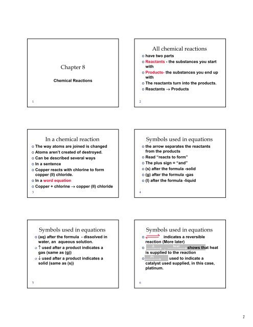 Chapter 8 All chemical reactions In a chemical reaction Symbols ...