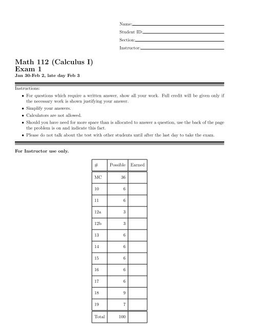 Math 112 (Calculus I) Exam 1 Math 112 (Calculus I) Exam 1