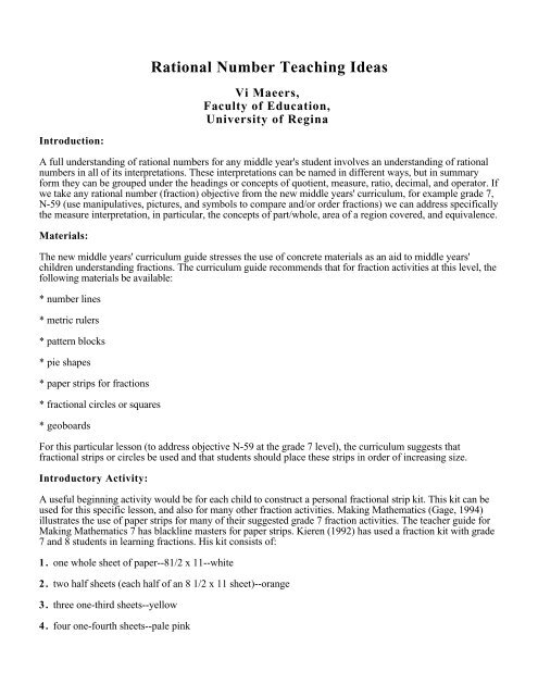 Rational Number Teaching Ideas - Math Central - University of Regina