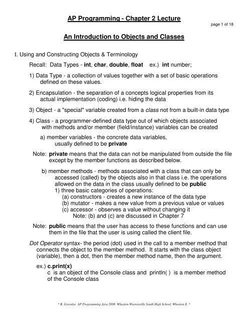 AP Programming - Chapter 2 Lecture - GreenLeeCDS.com