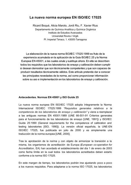 La nueva norma europea EN ISO/IEC 17025 - Universitat Rovira i ...