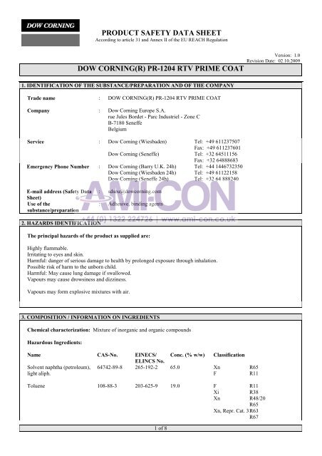 product safety data sheet dow corning(r) pr-1204 rtv ... - AMI-CON