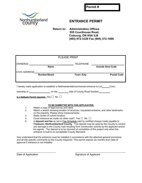 ENTRANCE PERMIT - Northumberland County