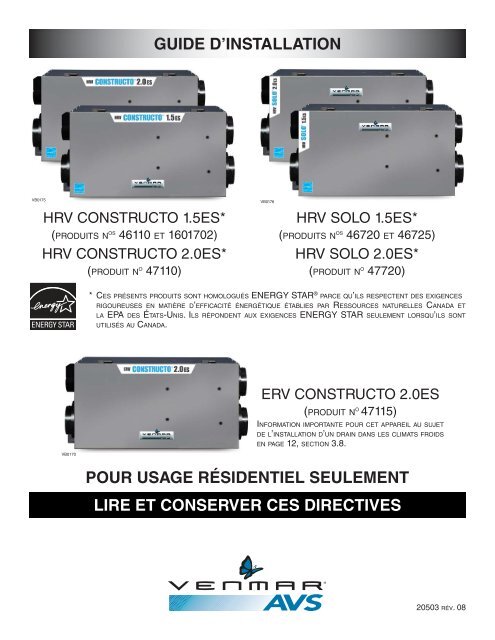 HRV and ERV Constructo, Solo Inst. Manual (20503 rev ... - Venmar