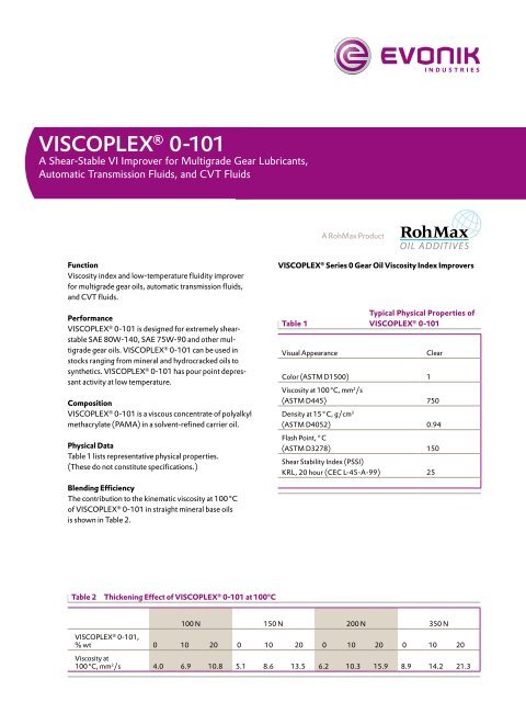 VISCOPLEXÂ® 0-101 - Evonik Oil Additives